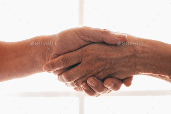 Old people holding hands close up view, senior retired family couple ...