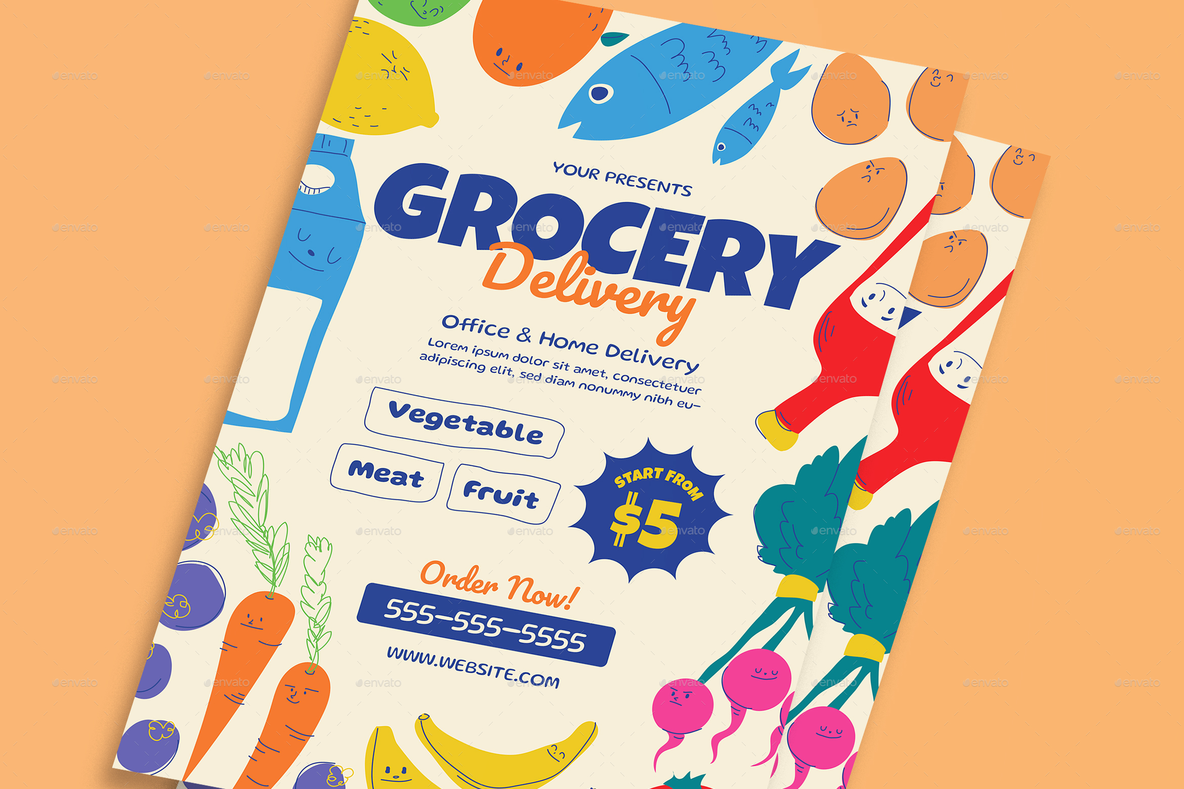 Colorful Hand Drawn Grocery Delivery Flyer, Print Templates | GraphicRiver