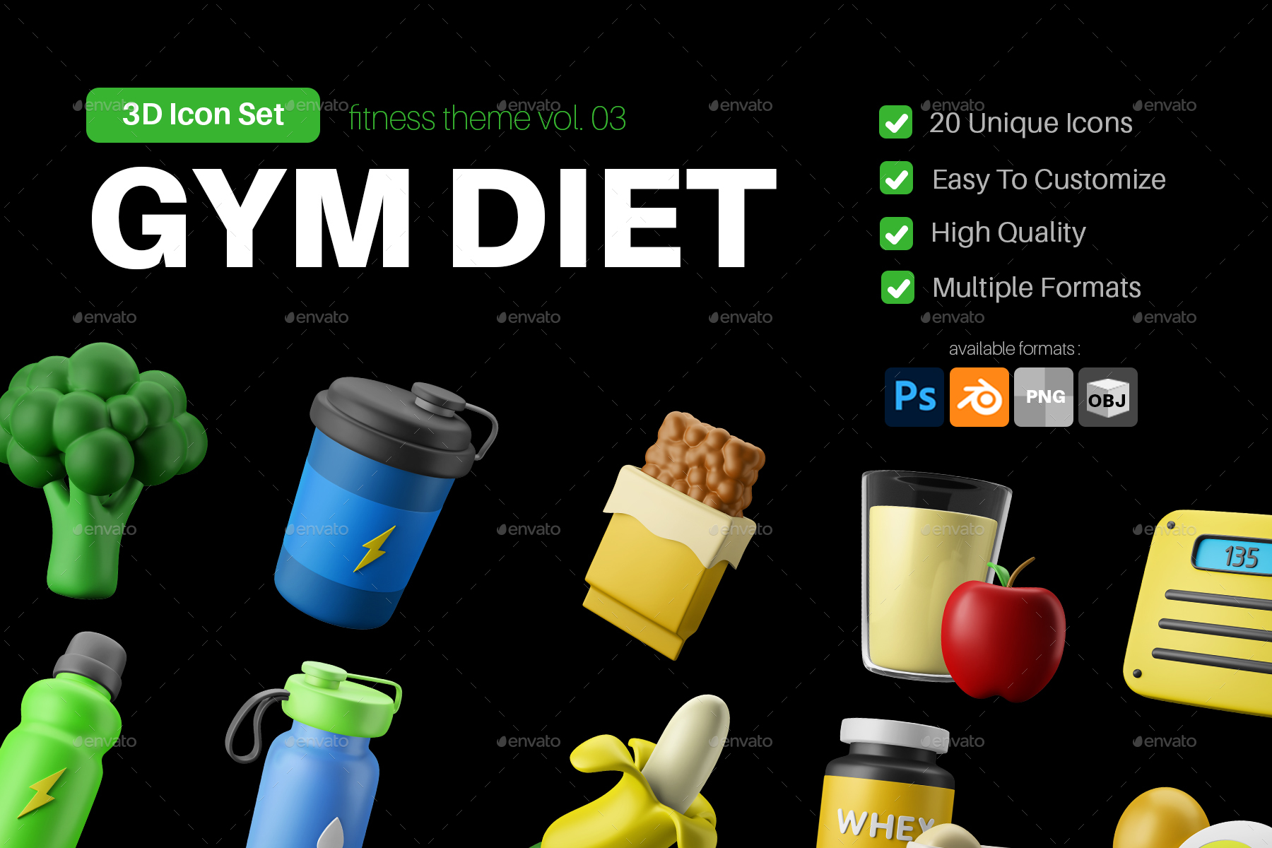 Fitness Gym Diet 3D Icon Set Pack, Icons | GraphicRiver