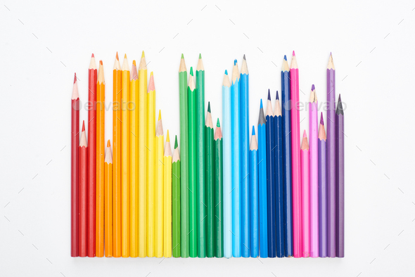 Rainbow spectrum made with sharpened color pencils isolated on white ...