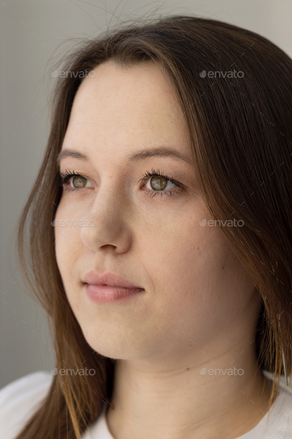 Portrait of beautiful cute young girl close-up. Simple natural ...
