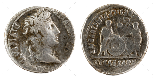 Front and backside of a historic Roman silver coin of Emperor Augustus ...