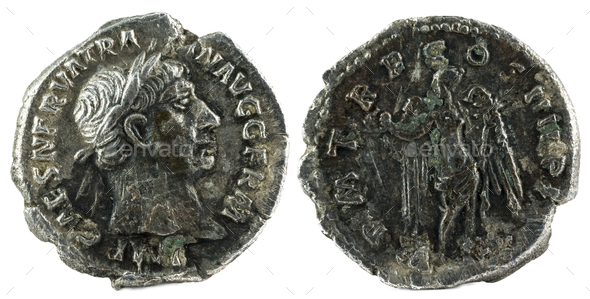 Ancient Roman silver denarius coin of Emperor Trajan Stock Photo by ...