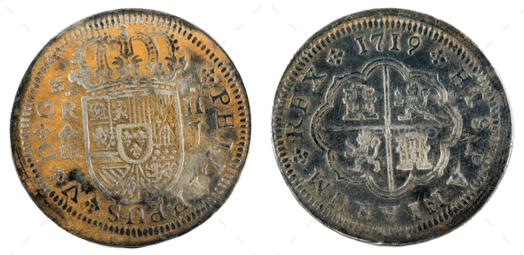 Front and backside of a historic Spanish silver coin of King Felipe V ...
