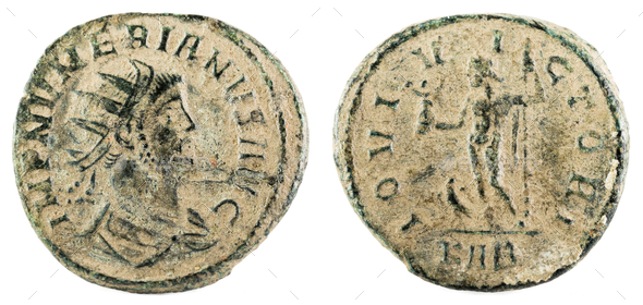 Front and backside of a historic Roman silver coin of the Emperor ...