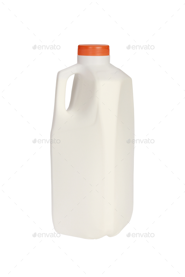 Vertical shot of a plastic milk container isolated on white background ...