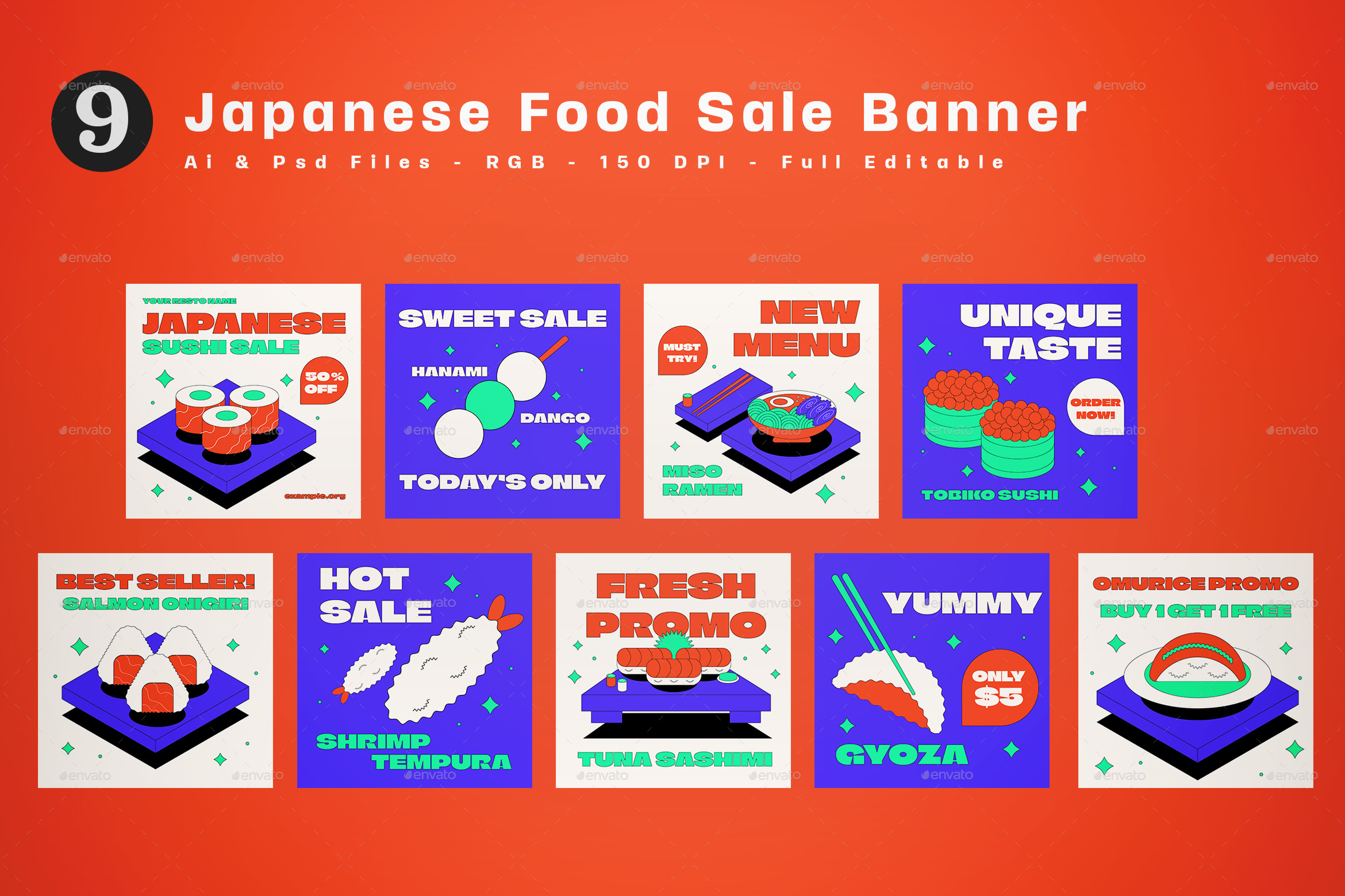 Purple Isometric Japanese Food Promo Banner, Web Elements | GraphicRiver