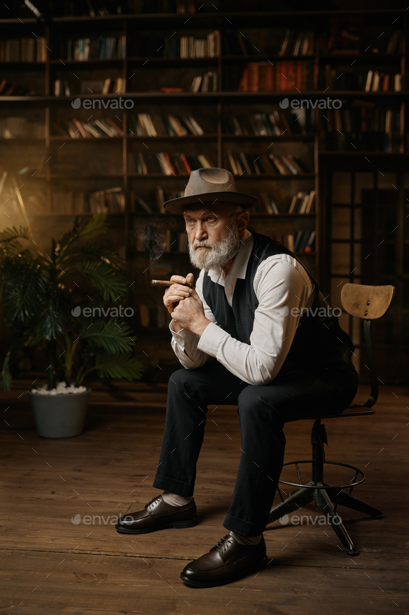 Elegant elderly business man sitting on vintage chair smoking cigar ...