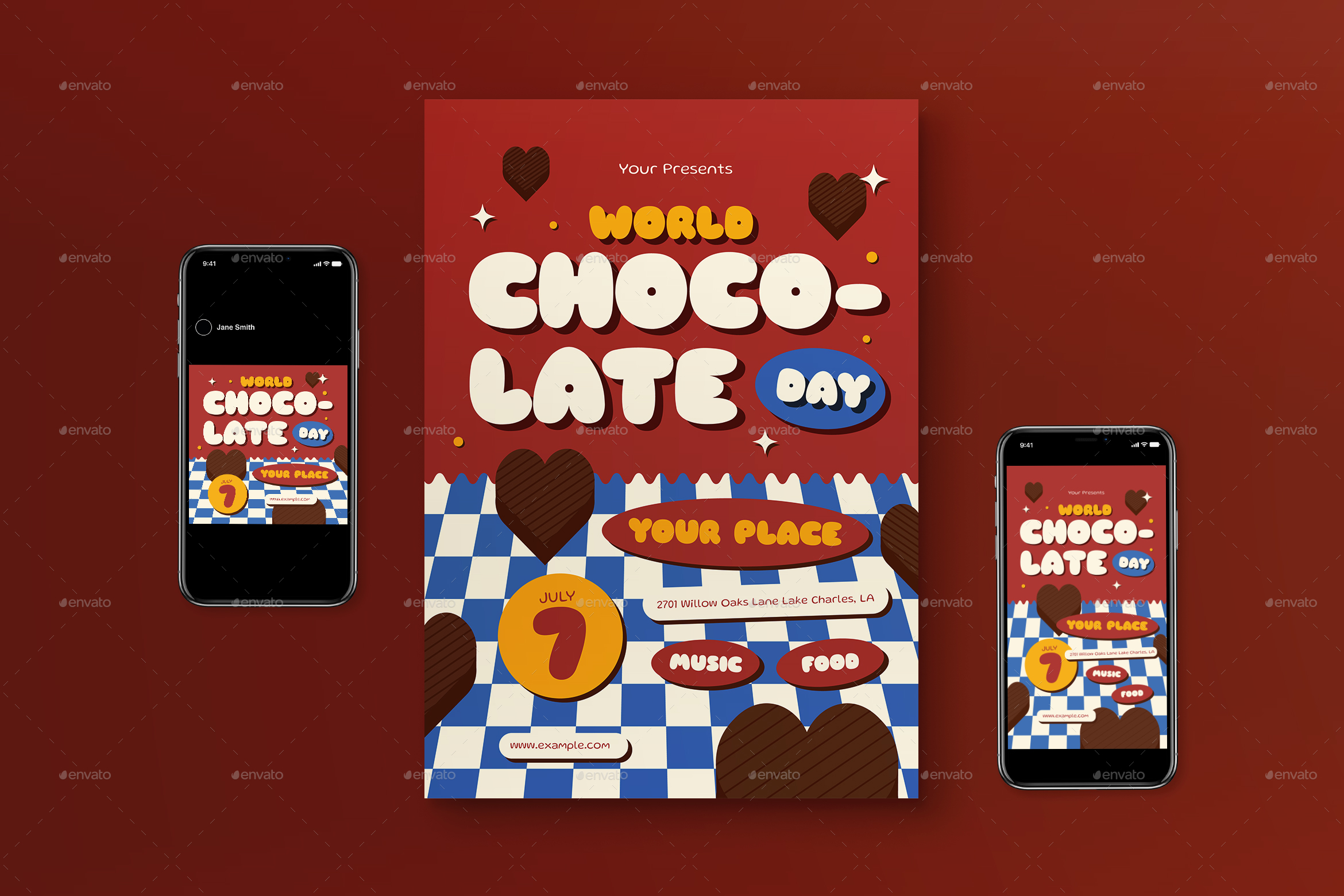 Red Flat Design World Chocolate Day Flyer Set, Print Templates ...