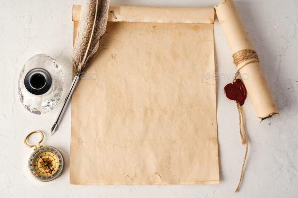Old paper with compass and quill pen top view Stock Photo by FabrikaPhoto