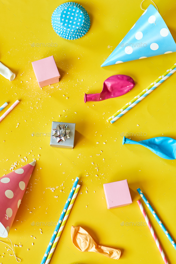 Flat lay festival birthday party background with gift box Stock Photo ...