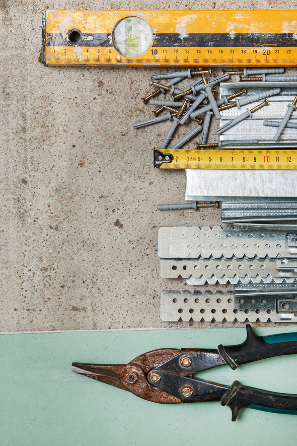 Instruments for build a plasterboard walls Stock Photo by BLACKDAY