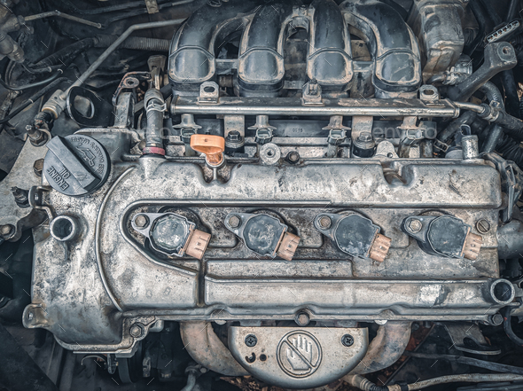 Top view of the engine and other parts of a modern car under the hood ...