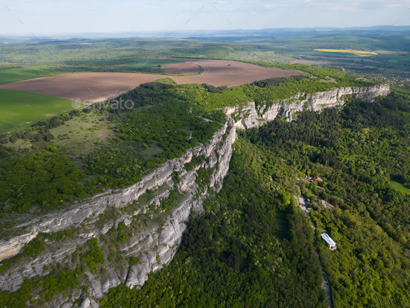 Aerial view of Madara Plateau, where the iconic Madara Rider is ...