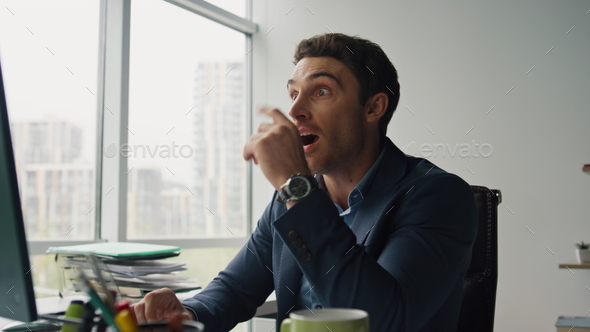 Pensive businessman look solution at workplace closeup. Inspired ...