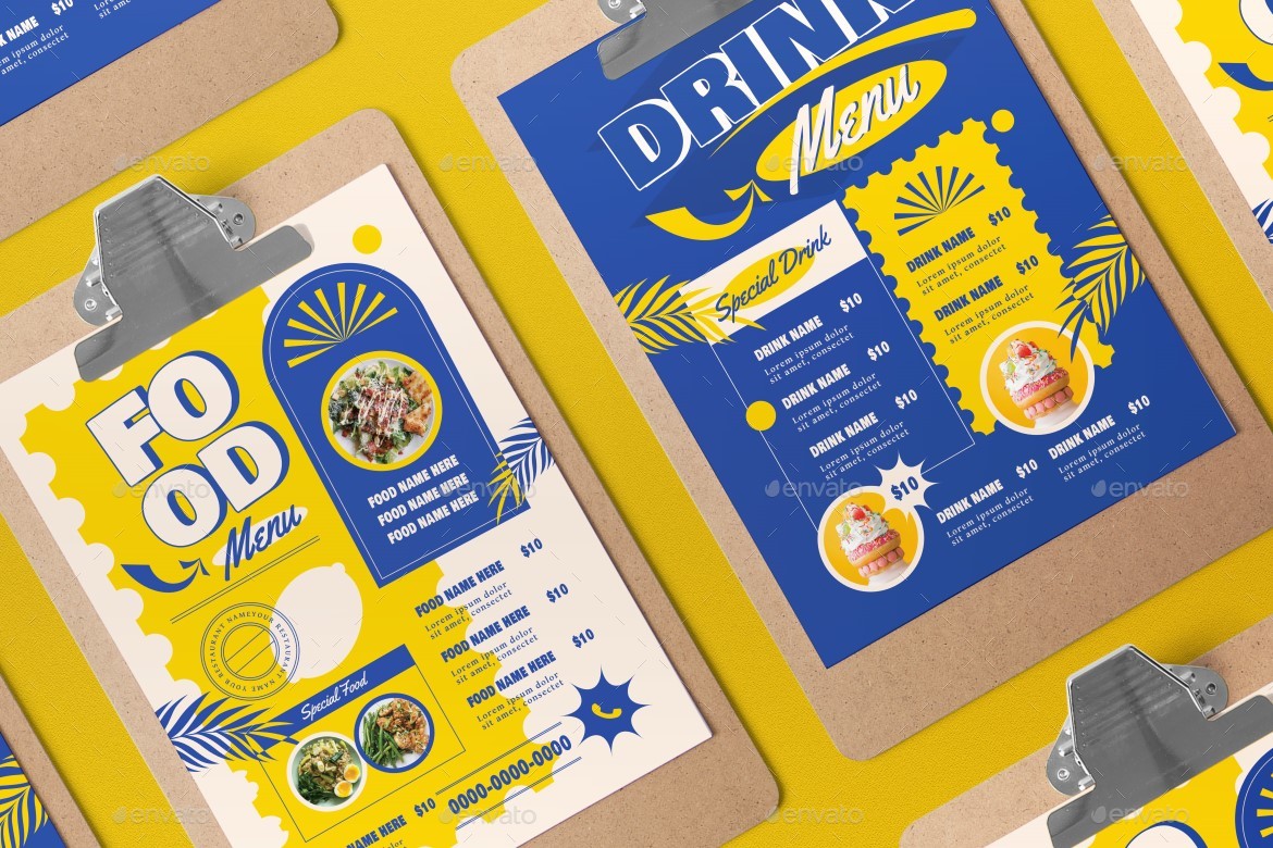 Blue Yellow Flat Design Summer Food Menu, Print Templates | GraphicRiver
