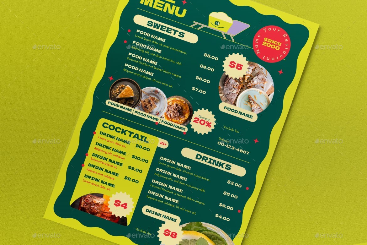 Green Retro Food Menu, Print Templates | GraphicRiver