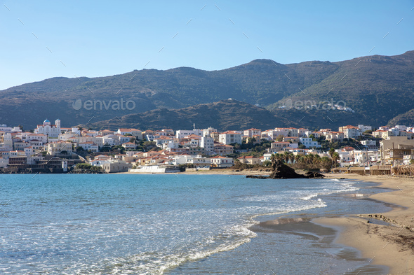 Andros island, Neimporio Beach at Chora town, Cyclades Greece. Sandy ...