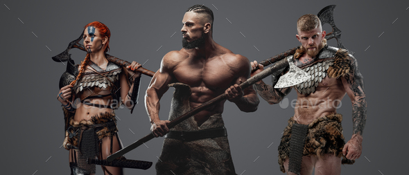 Muscular viking with fierce female and male warriors Stock Photo by ...