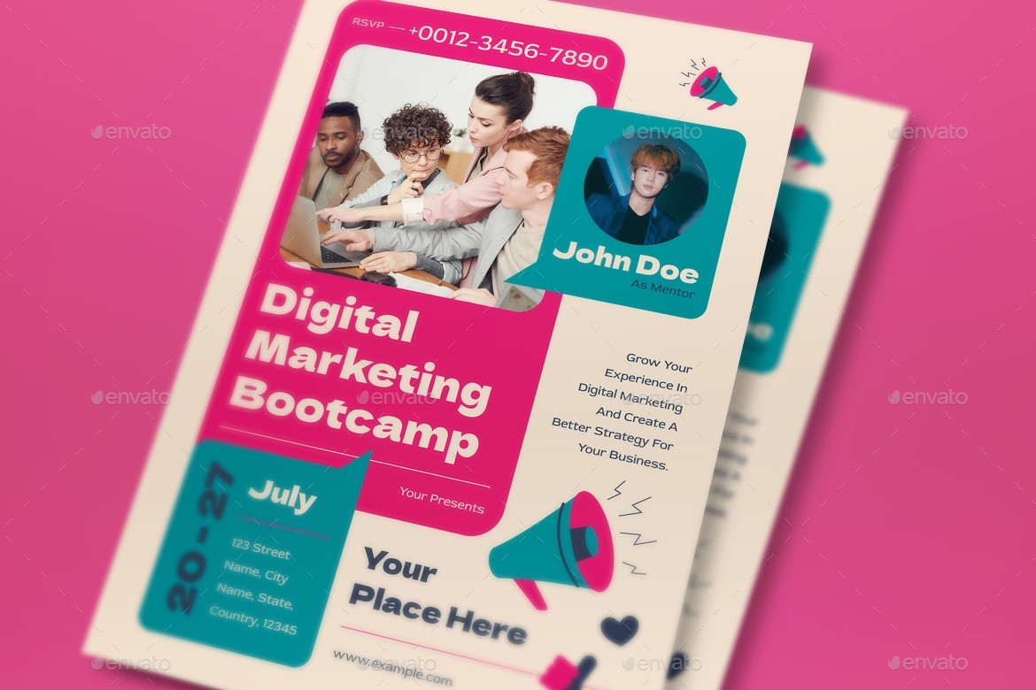 Fuscia Modern Digital Marketing Bootcamp Flyer Set, Print Templates