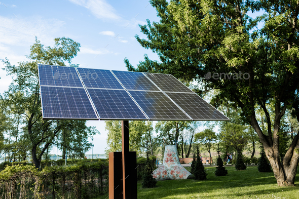 Solar panels in public park in Ukraine. Photovoltaic modules for ...