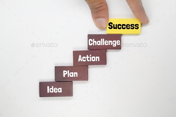 people climb the stairs with the words Idea, Plan, Action, Challenge ...