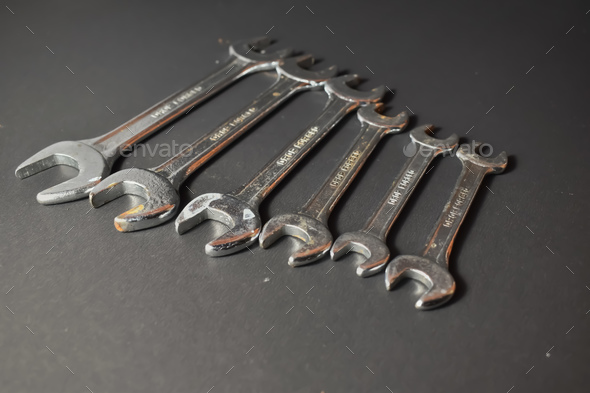 Selective focus of Different size of Spanner against black Background ...