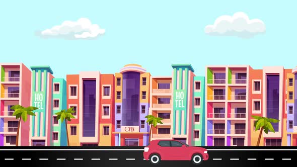 Hotel Building Cartoon City Animation with Car, Motion Graphics | VideoHive