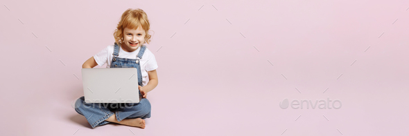 The banner girl on a white background sits with a laptop. Stock Photo ...