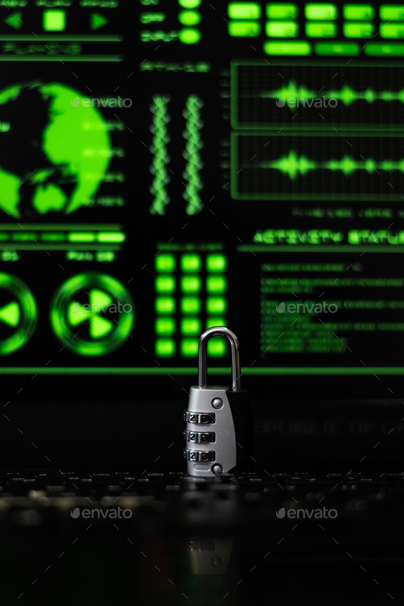 Cyber Security concept, padlock, and hacker screen Stock Photo by irfanmnur