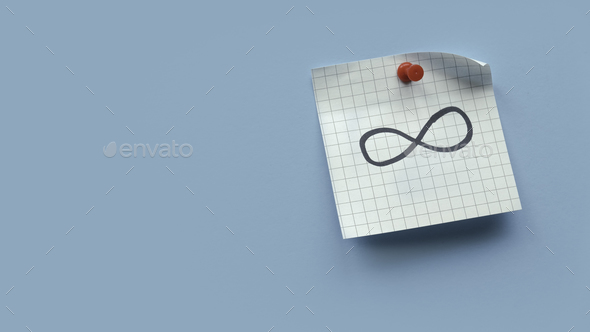 Infinity sign or symbol handwritten on a memo note over blue background ...