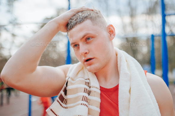 Collapsed Exhausted Young Athlete After Intense Outdoor Workout Stock ...