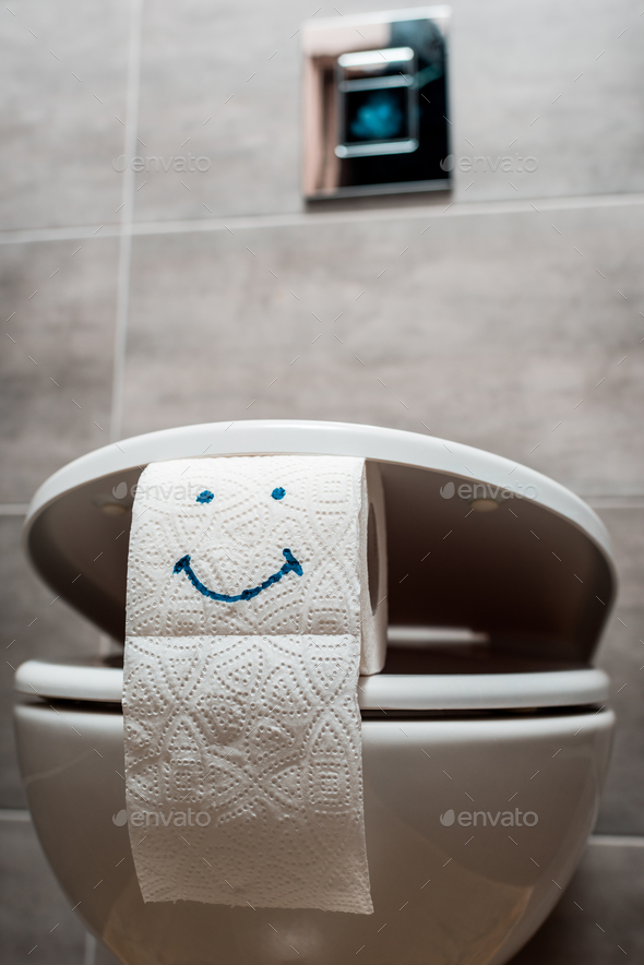 close up view of ceramic clean toilet bowl and toilet paper with smiley ...