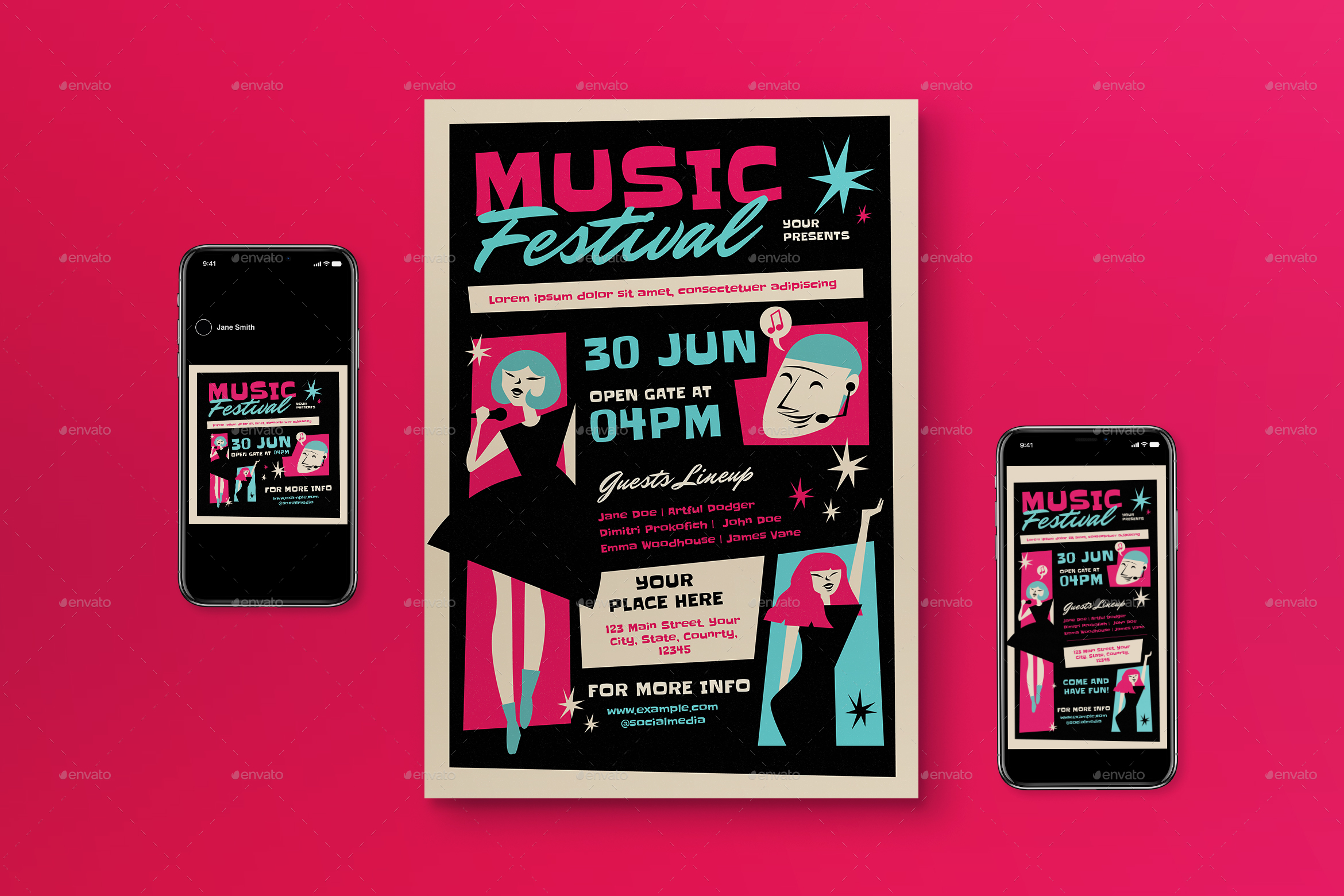 Black Mid-Century 70's Music Festival Flyer Set, Print Templates ...