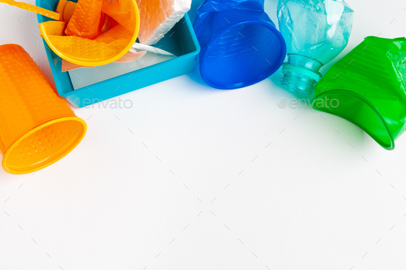 Top view of Different garbage materials with recycling Stock Photo by ...