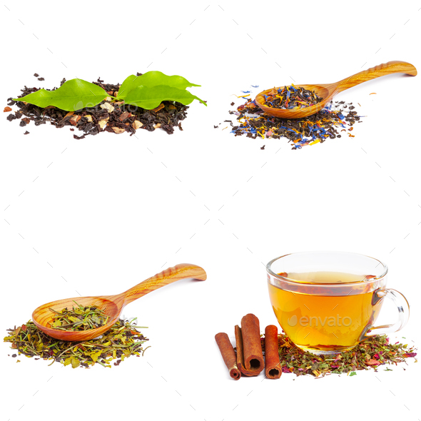 Collection of different teas isolated on white Stock Photo by FabrikaPhoto