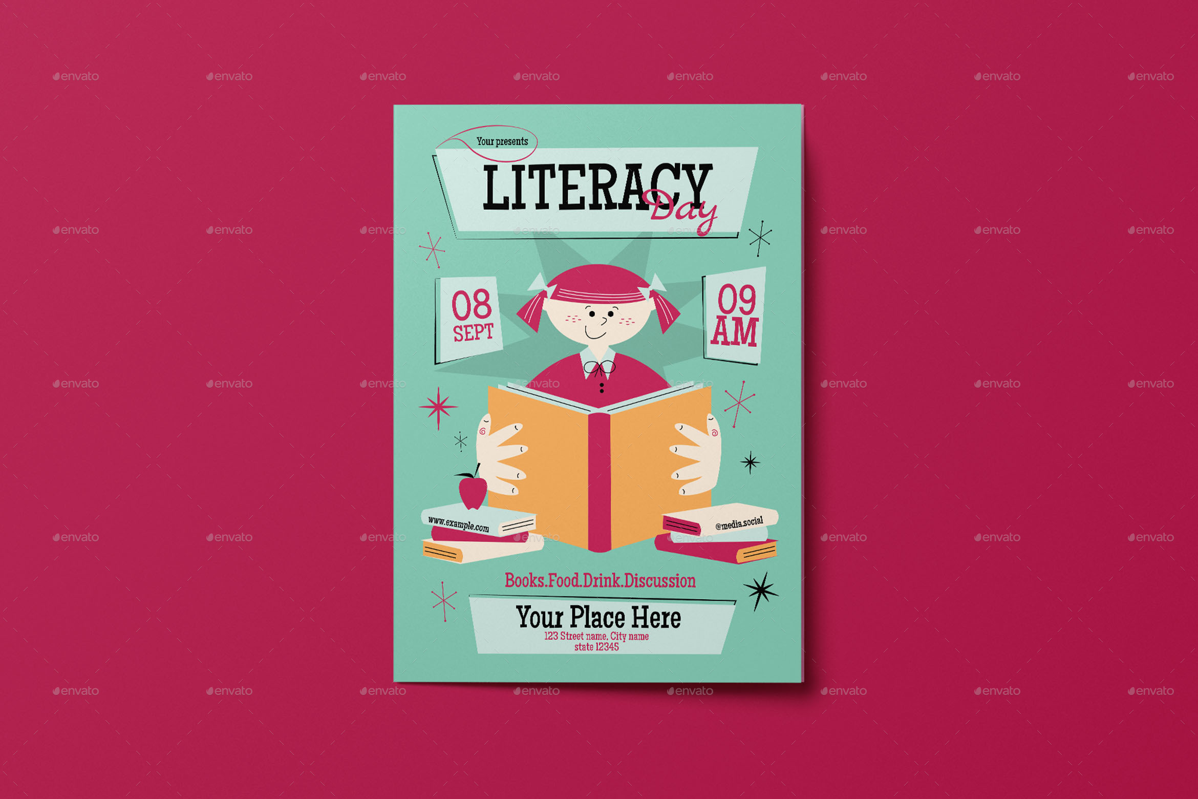 Mid Century Literacy Day Flyer Set, Print Templates | GraphicRiver