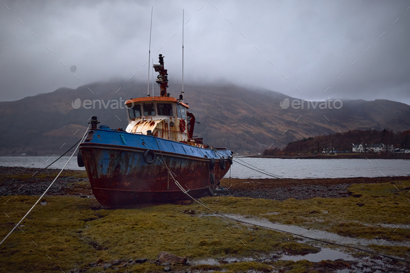 Invershiel, fishing boat stranded ashore in the Scottish Highlands, Uk ...