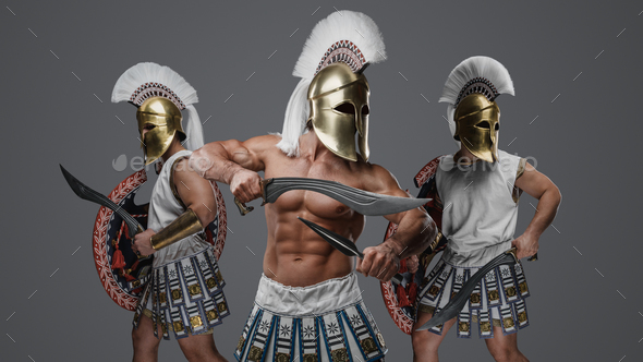 Greek swordsman with muscular build and two comrades Stock Photo by ...