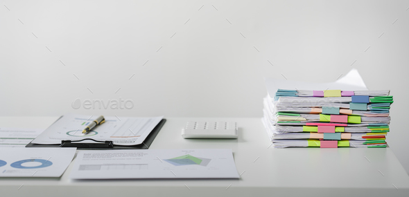 Office desk, stack of papers on office desk Stock Photo by Daenin ...