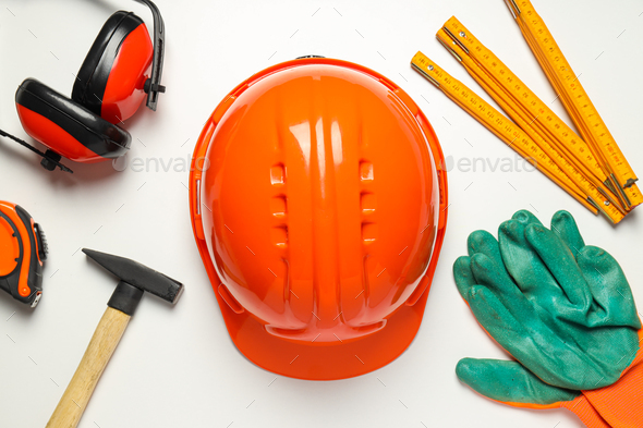 Concept of different work accessories, engineering supplies and tools ...