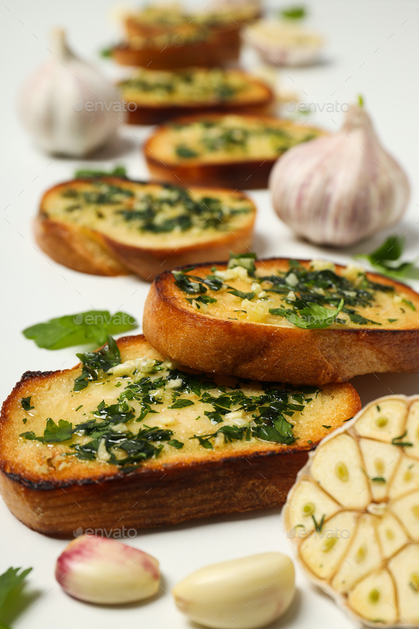 Tasty toasts with garlic, homemade products appetizer Stock Photo by ...
