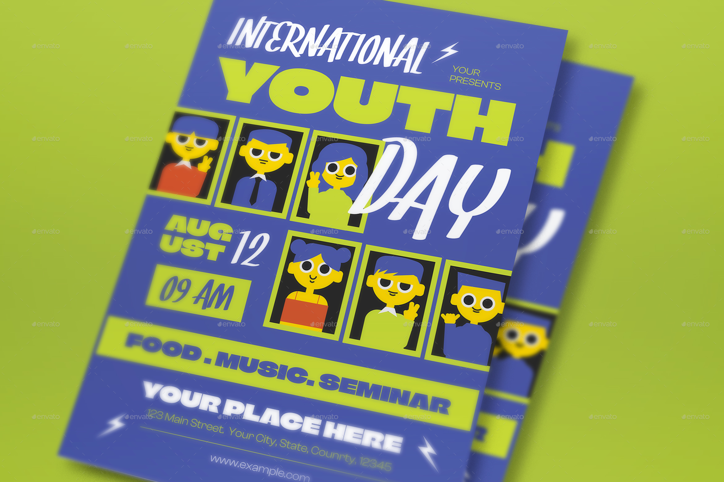 Blue Flat Design International Youth Day Flyer Set, Print Templates