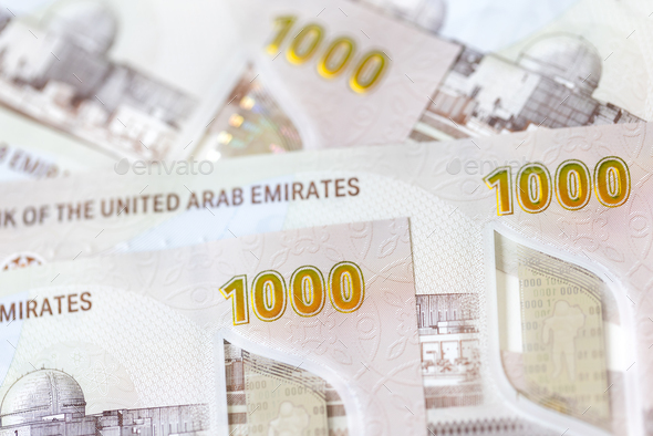 UAE dirhams, new banknotes of one thousand, paper money closeup Stock ...