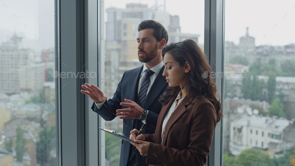 Boss telling girl secretary work issue at office close up. Woman making ...