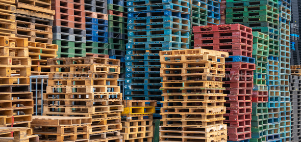 Stack of wooden pallet. Industrial wood pallet at factory warehouse ...