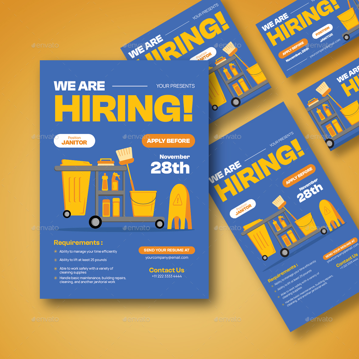 Blue Flat We Are Hiring Janitor Flyer Set, Print Templates | GraphicRiver
