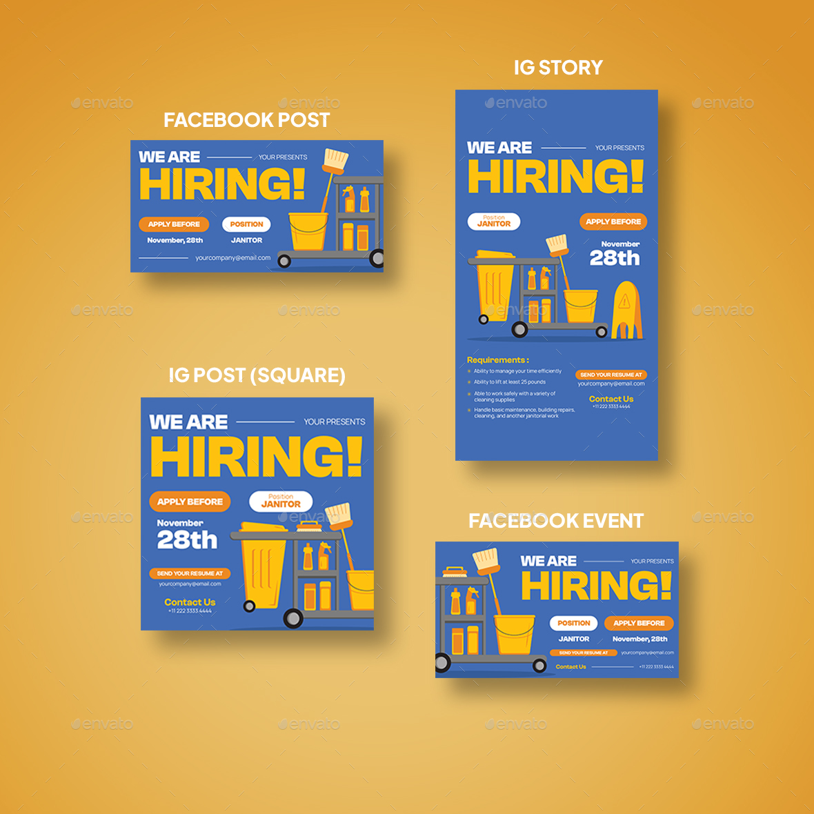Blue Flat We Are Hiring Janitor Flyer Set, Print Templates | GraphicRiver