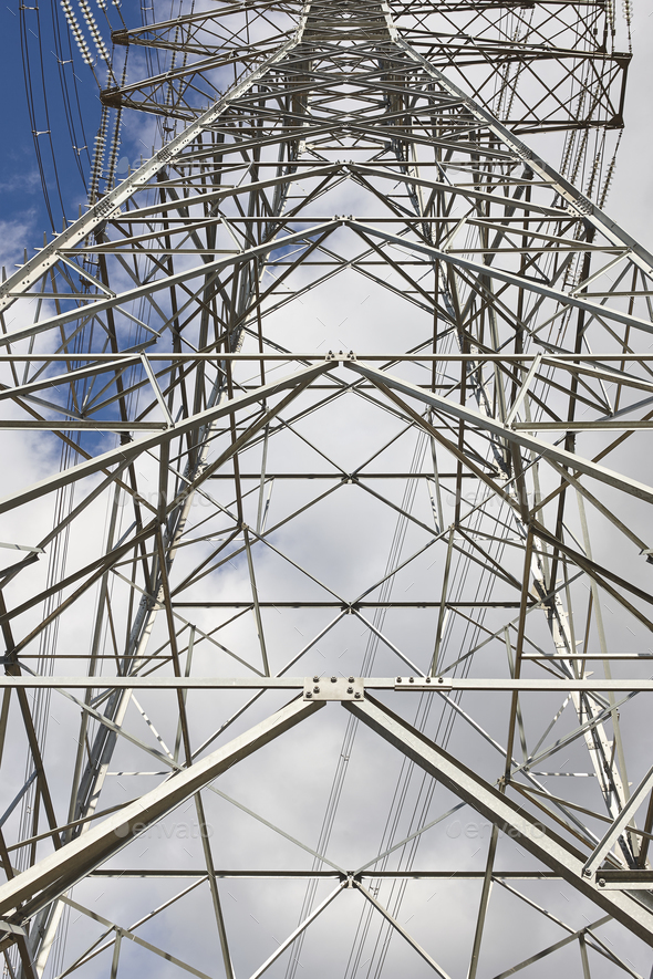 Power line tower. Energy industry. Industrial electricity distribution ...