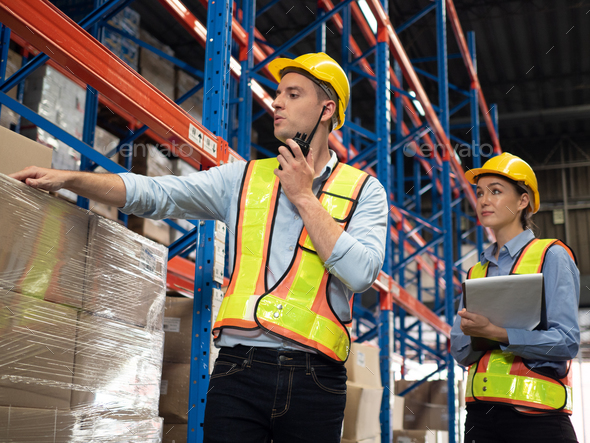 Labor staff male female person talktalkie walkie radio man woman report ...